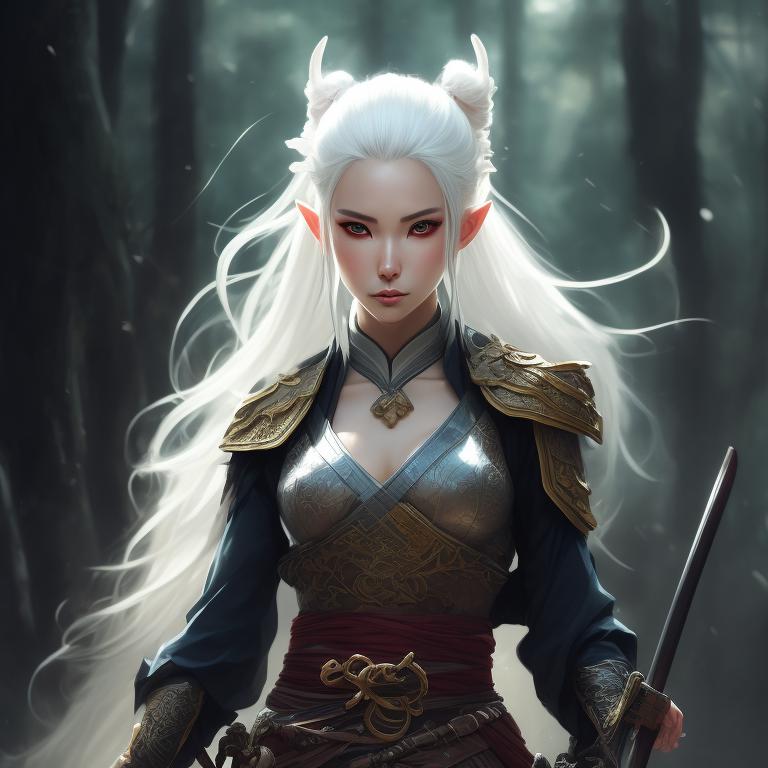 milky-hyena375: female elf samurai, white hair, katana in hand