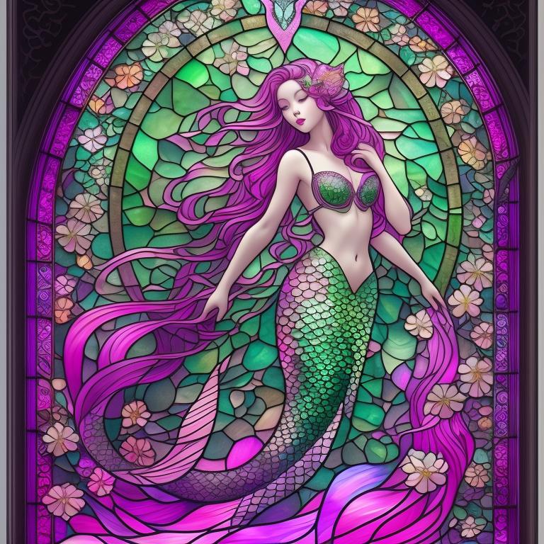 adored-dog511: Create a stained glass window wallpaper featuring a pink mermaid, incorporate ...