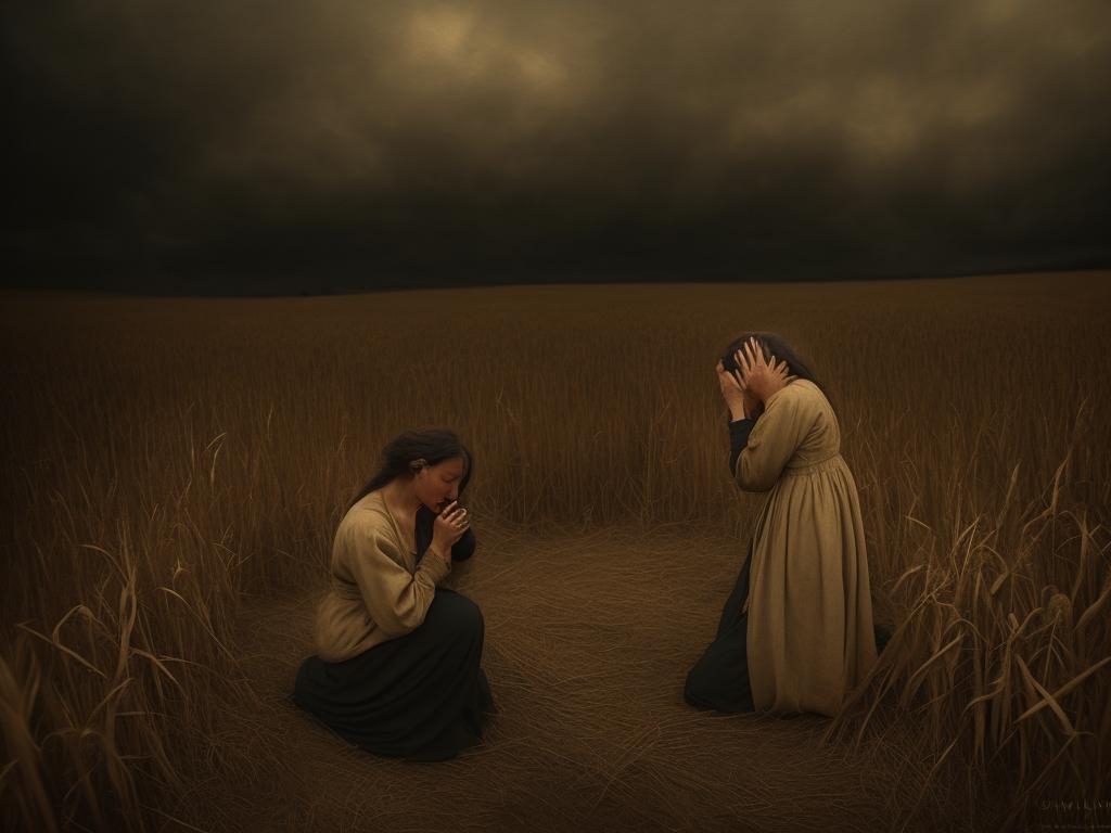 esfinge19: a woman is crying on her knees beside a wheat field. there ...