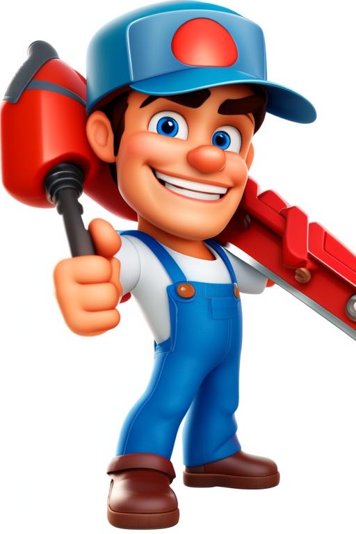 slim-wasp299: plumber with suspenders, with a tool belt and a warm smile, holding a giant wrench