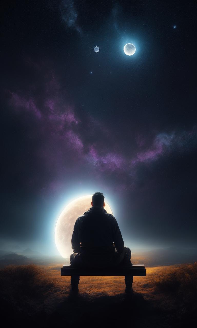 moral-turtle525: There is a man sitting on a bench looking at the moon ...