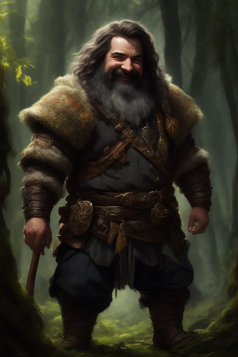 buttery-gaur432: A smiling male dwarf druid in the forest