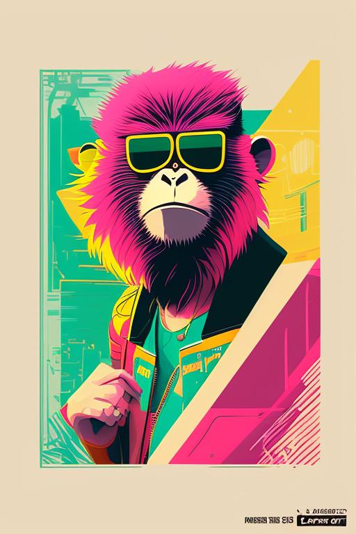 mushy-loris334: A rocker monkey depicted in a retro neon style. The ...