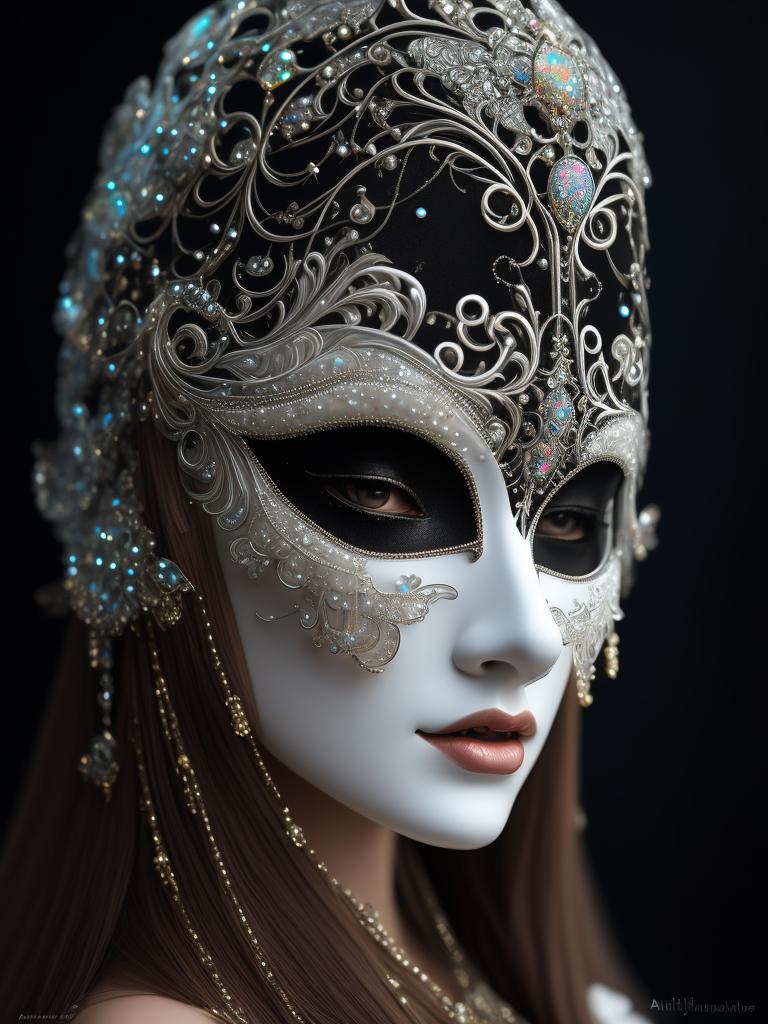 acidic-tapir: wearing a white venetian mask made of glass with opal ...