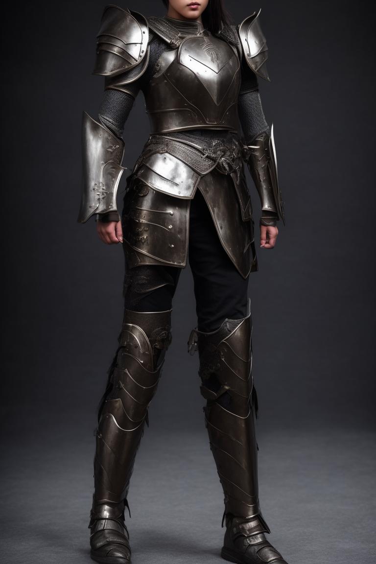 prudent-gaur404: a female warrior in stylish metal armour poses ...
