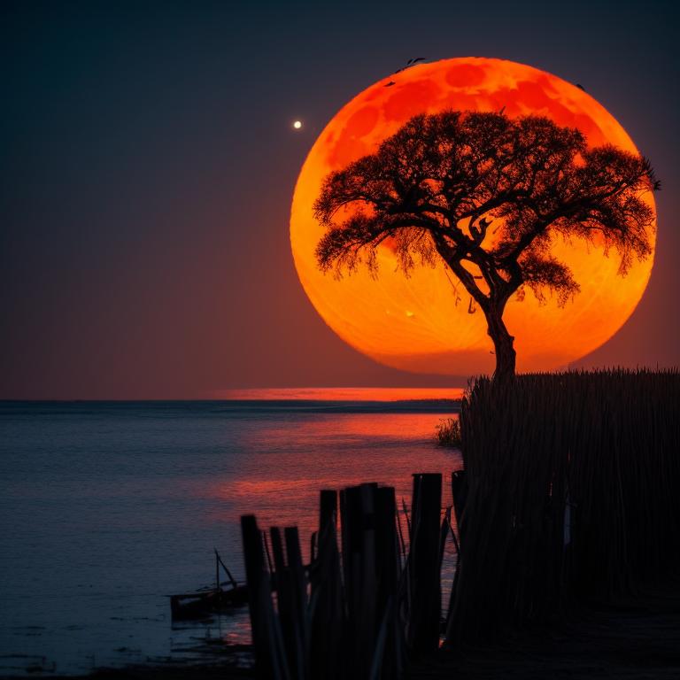 Foul-Rabbit: Wooden fence slicing through sea marshes under a large red ...