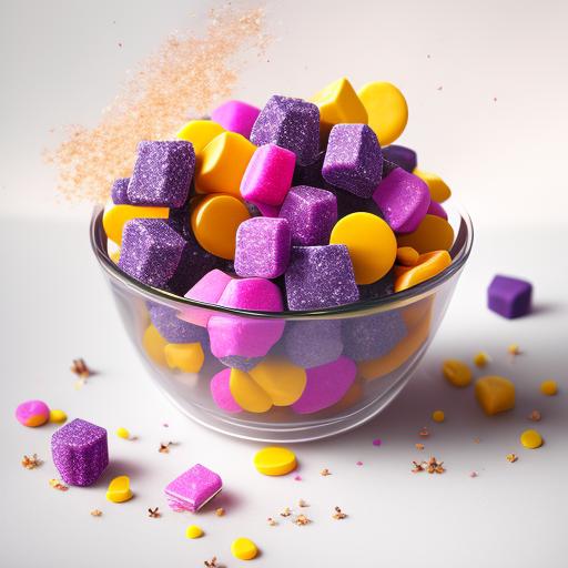 dustinholloway: Purple hard candies in candy wrapper, filling a clear bowl.