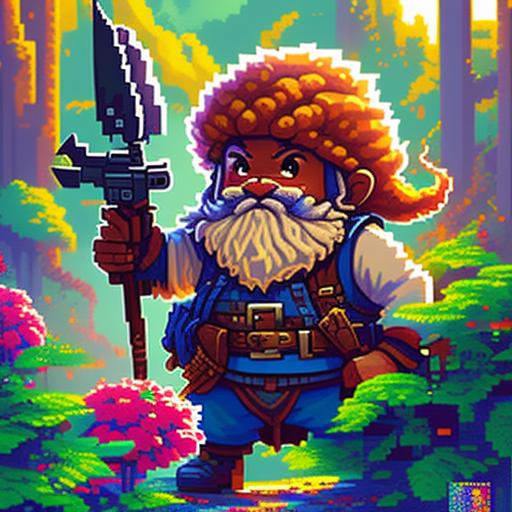 Cain: a brown skinned Gnome, hefting a gnomish war pick looking up