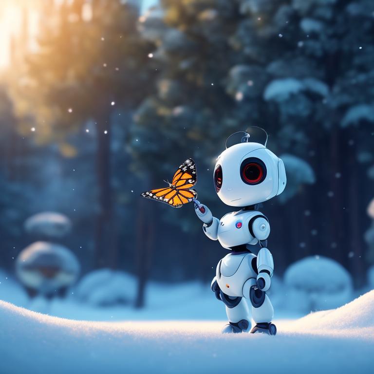 Hursty: a small robot holding a butterfly, bright snowy scene, robot ...