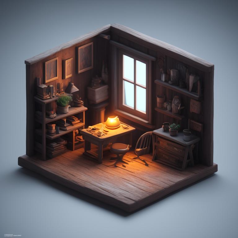 SejaNotado: Isometric 3d scene, room with a window, minimalistic chibi ...