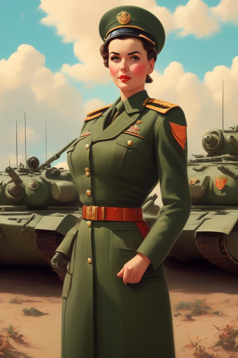 frizzy-bison549: female russian officer, tank battalion in background