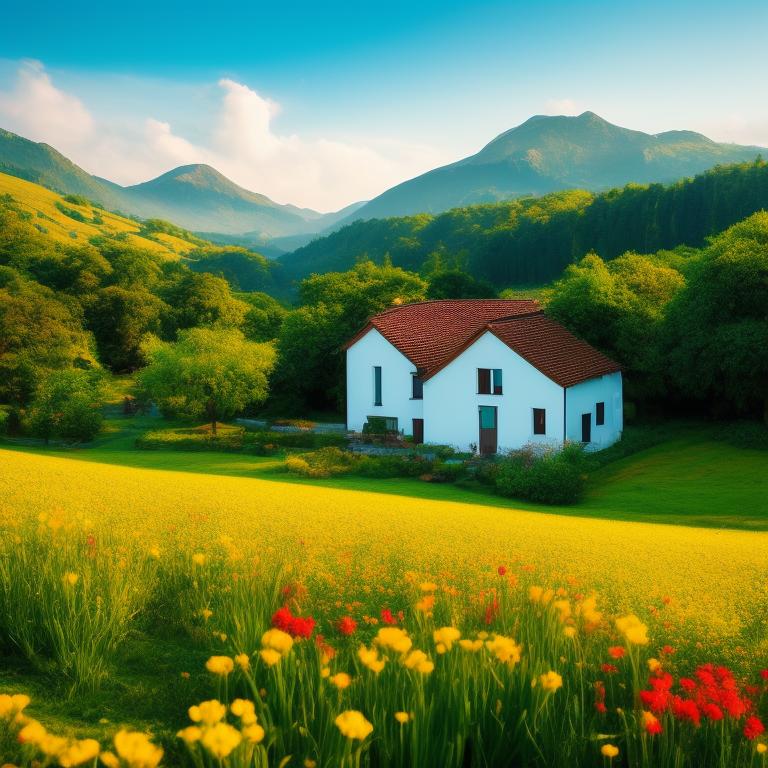 wan-newt910: beautiful rural landscape with house and flowers