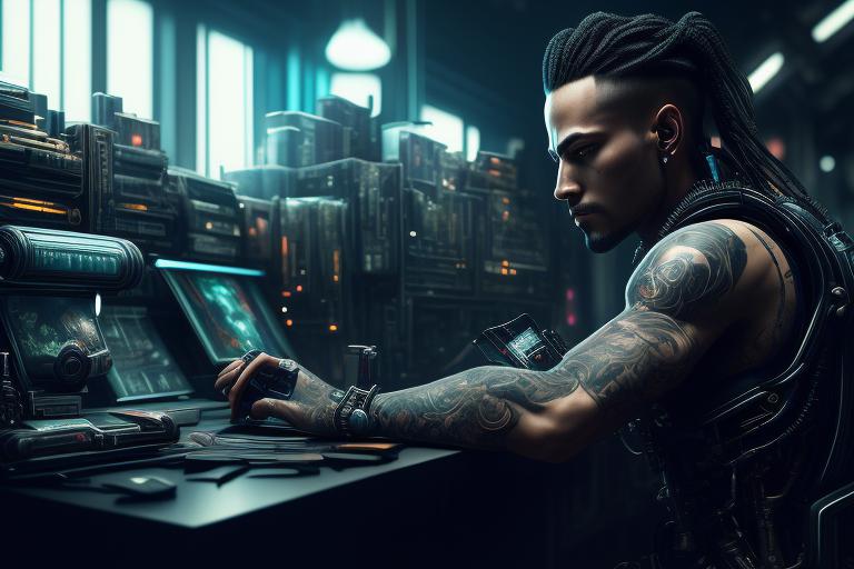 robinsonme: A cybernetic philosopher at a desk in a futuristic library ...