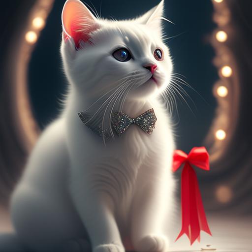 moral-turtle525: a small white cat, with elegant red ribbon bow around ...