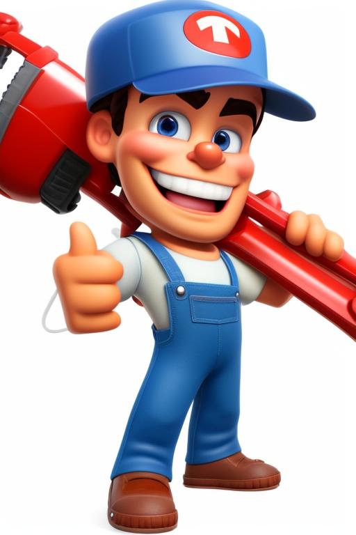slim-wasp299: plumber with suspenders, with a tool belt and a warm smile, holding a giant wrench