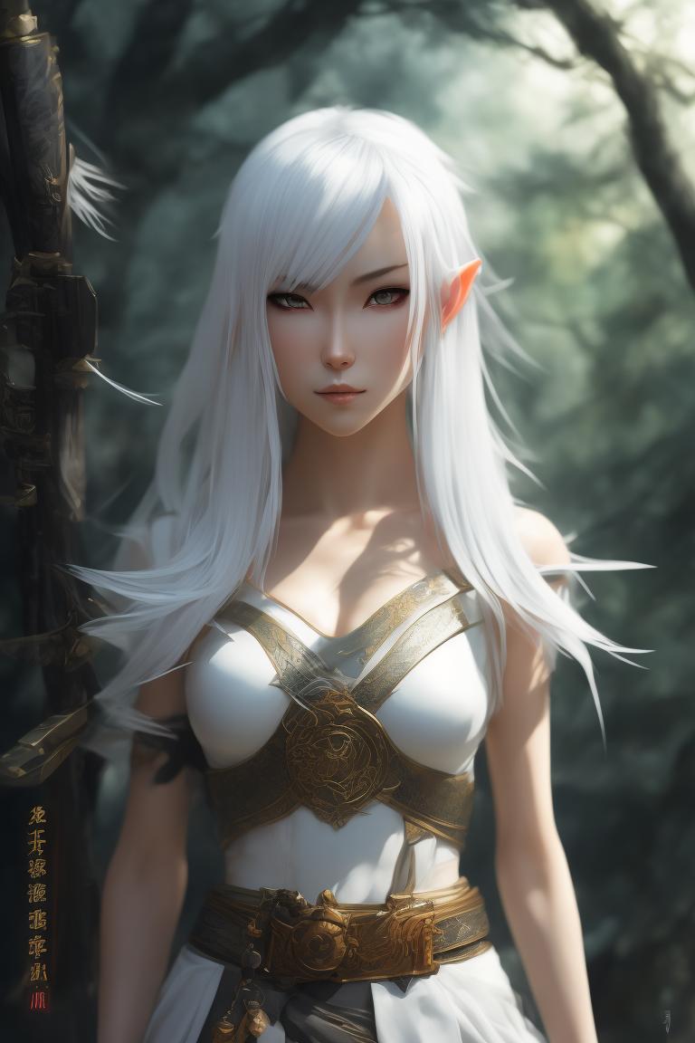 unusual-slug175: female elf samurai, white hair, iaido uniform, final fantasy, high elf, refined ...