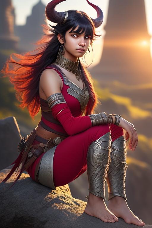 fran-ramos-df: Beautiful young adult, indian, ((tiefling)) female rogue. Glowing red eyes. Round ...