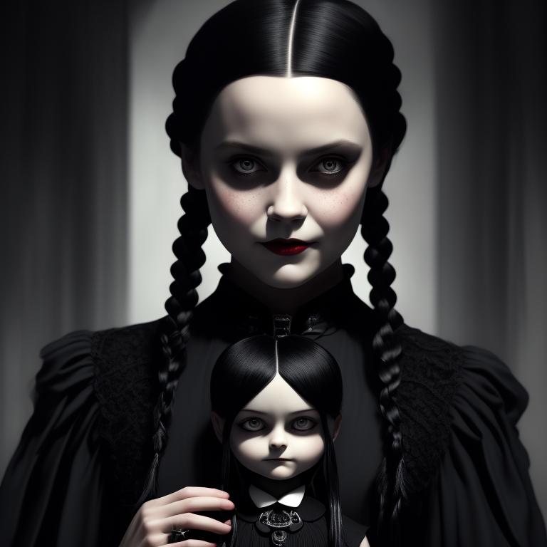 KT1973: Wednesday addams, wearing a black dress with a white collar ...