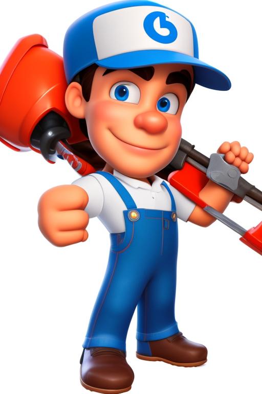 slim-wasp299: plumber with suspenders, with a tool belt and a warm smile, holding a giant wrench