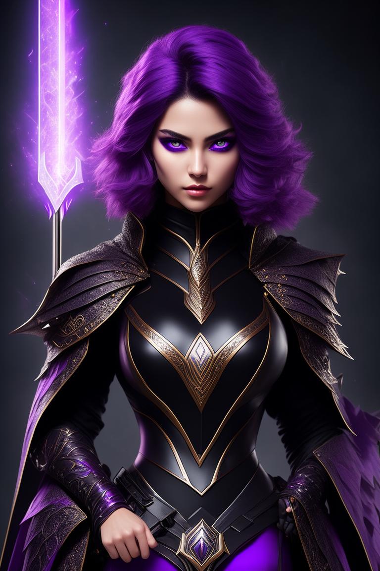 Mala_30: purple power girl holding weapon, short black hair, black and ...