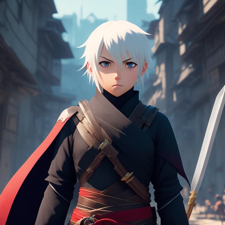 BrunoStarling: White hair ninja, short hair, man, fringe, red bright ...