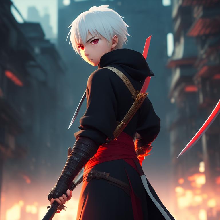 BrunoStarling: White hair ninja, short hair, man, fringe, red bright ...