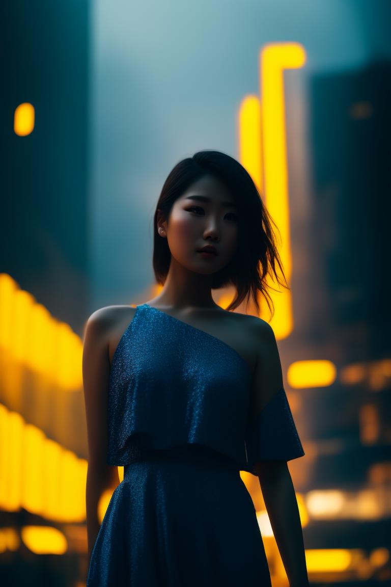 Myndcruzer: Asuka wearing a yellow dress ,full body portrait,blue neon ...