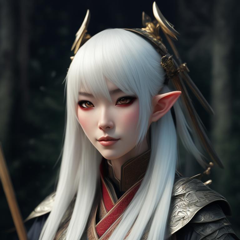 unusual-slug175: female elf samurai, white hair, katana in hand