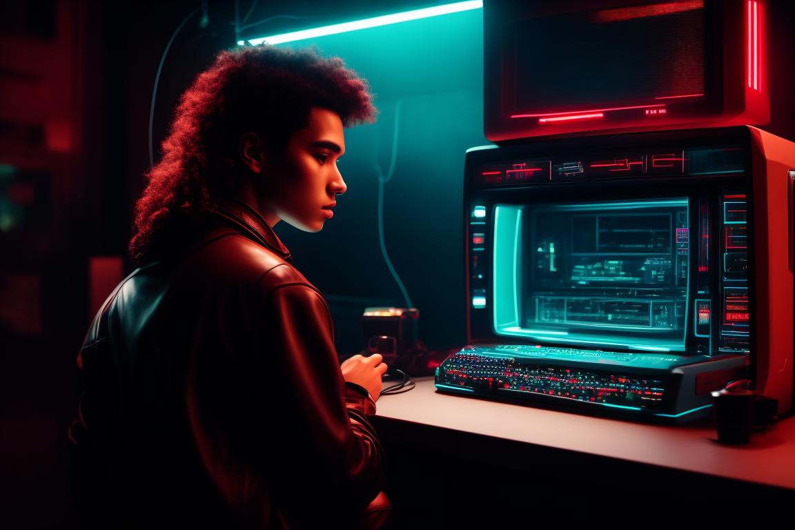 drafty-shrew643: A hacker nerd dressed in a leather coat in a room with ...