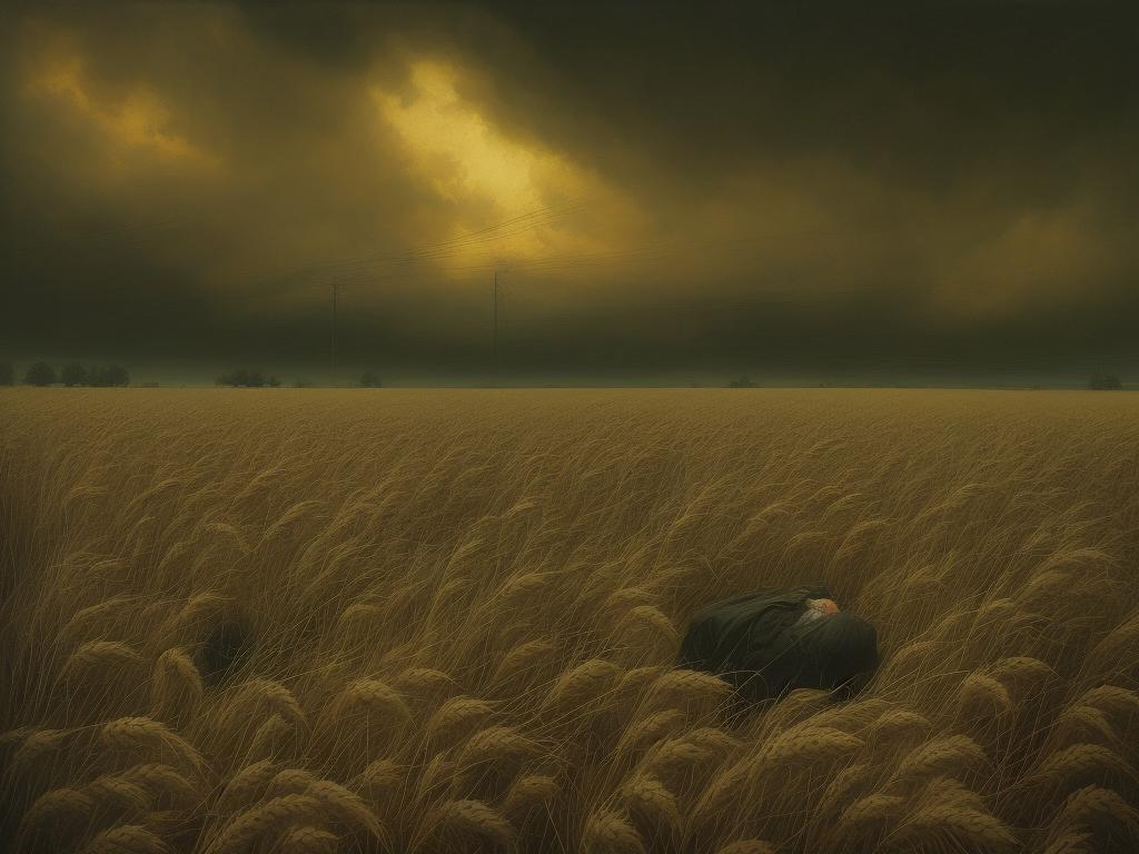esfinge19: a dead man body lays beside a wheat field. sepia colors. XIX ...