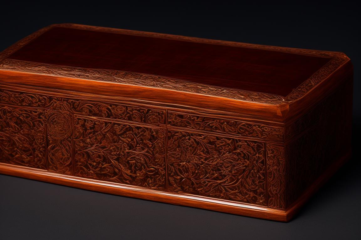 stained-bat904: an empty open-top ornate oblong wooden box, manga