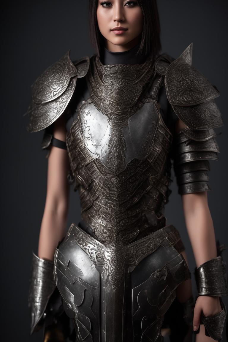 prudent-gaur404: a female warrior in stylish metal armour poses ...