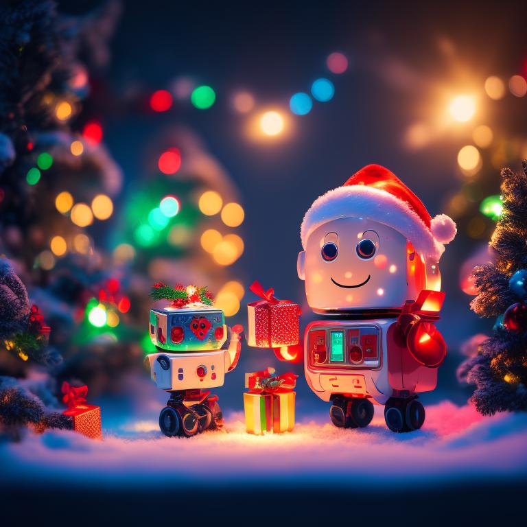 Minoti: Create a scene where festively adorned, smiling and cute robots ...