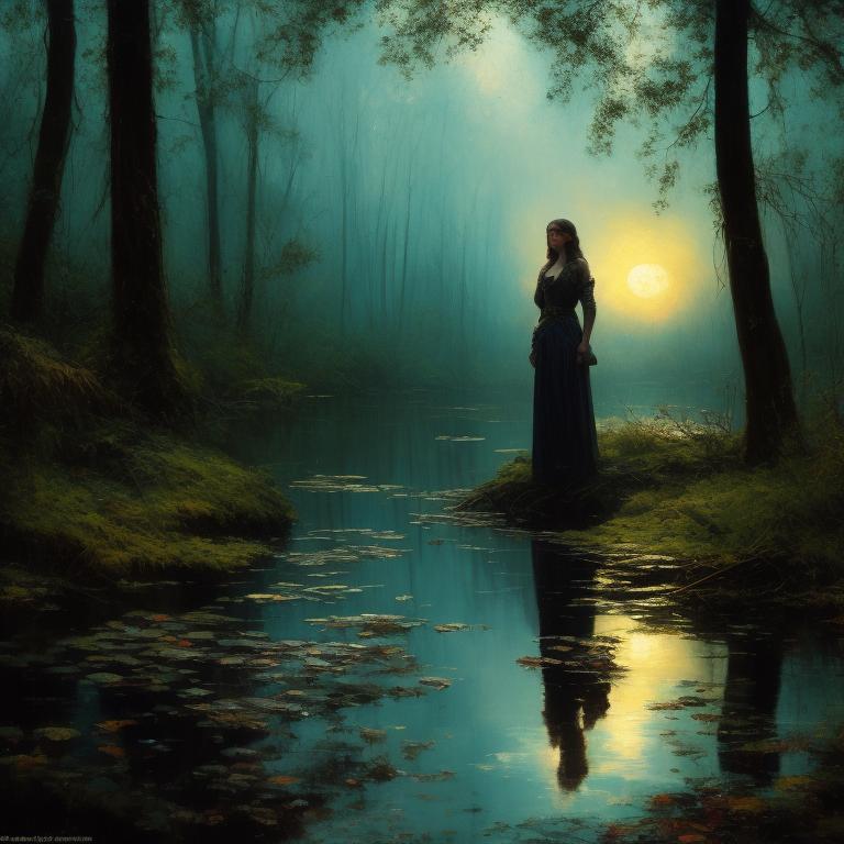 edible-crow416: oil painting of a beautiful woman in a moonlit swamp ...