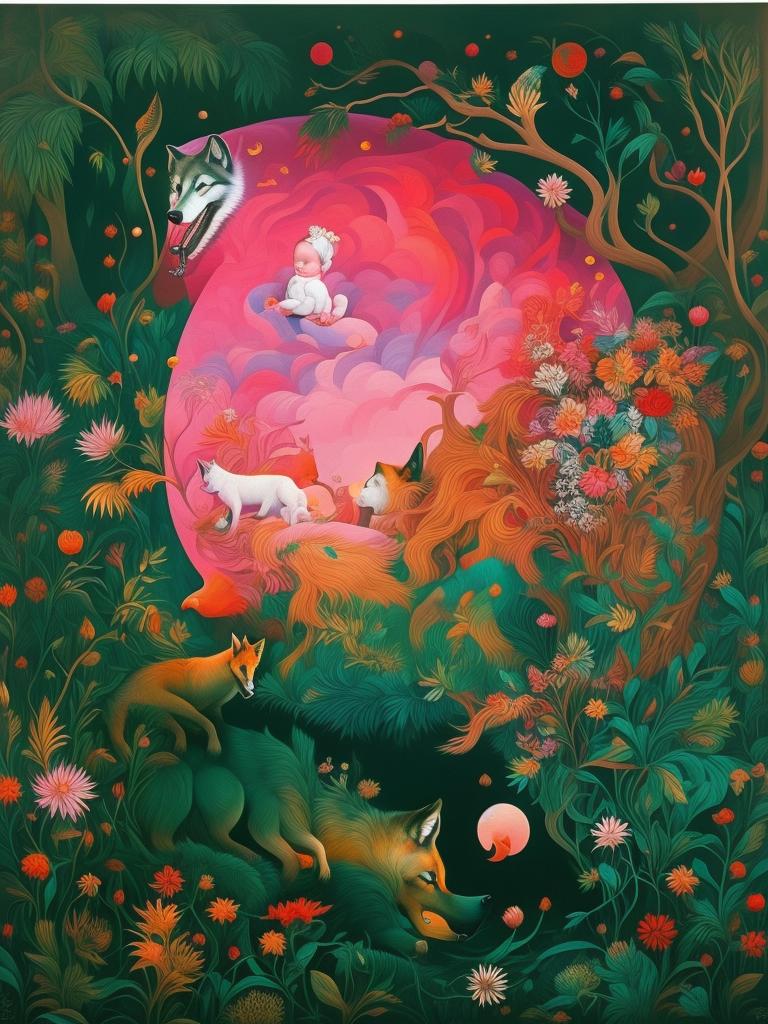 moral-donkey203: surreal and folklore painting of wild wolf suckling a ...