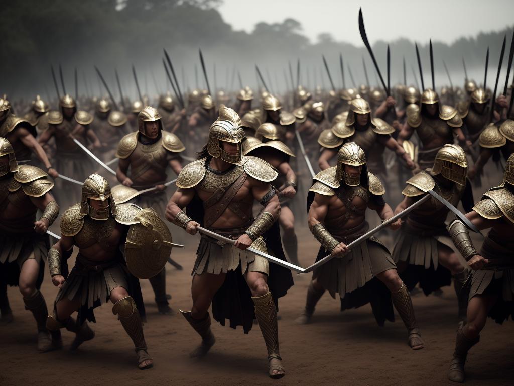 Galumpasaurus: compelling visual narrative of Spartan warriors in motion, running from right to ...