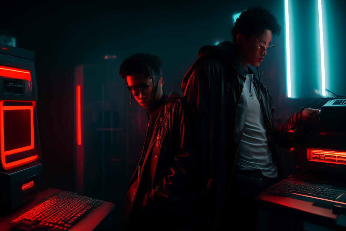 drafty-shrew643: A hacker nerd dressed in a leather coat in a room with ...