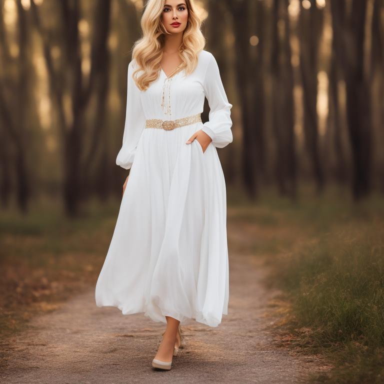 WorkingType: retro caucasian woman with blonde hair in long white dress ...