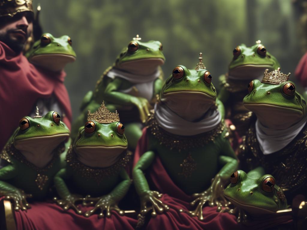 worldly-crow60: three frogs dress up as three kings sitting on thrones ...