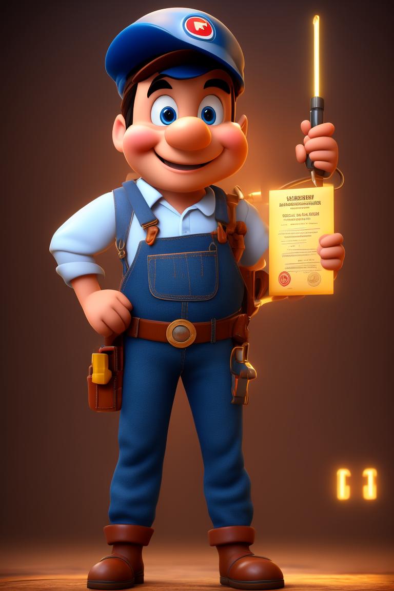 slim-wasp299: plumber with suspenders, with a tool belt and a warm smile, holding a diploma