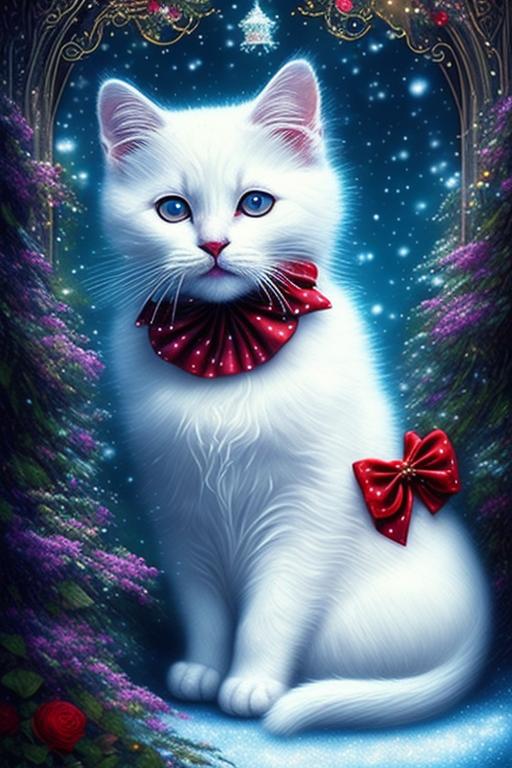 Mermaid_Song: a small white cat, with elegant red ribbon bow around the ...