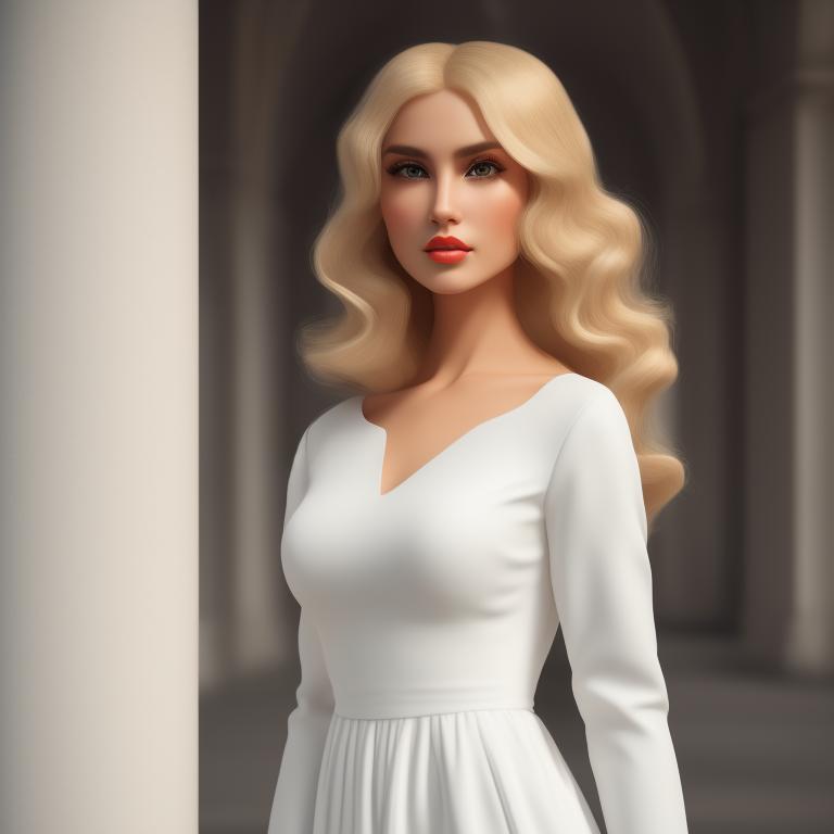 WorkingType: retro caucasian woman with blonde hair in long white dress ...