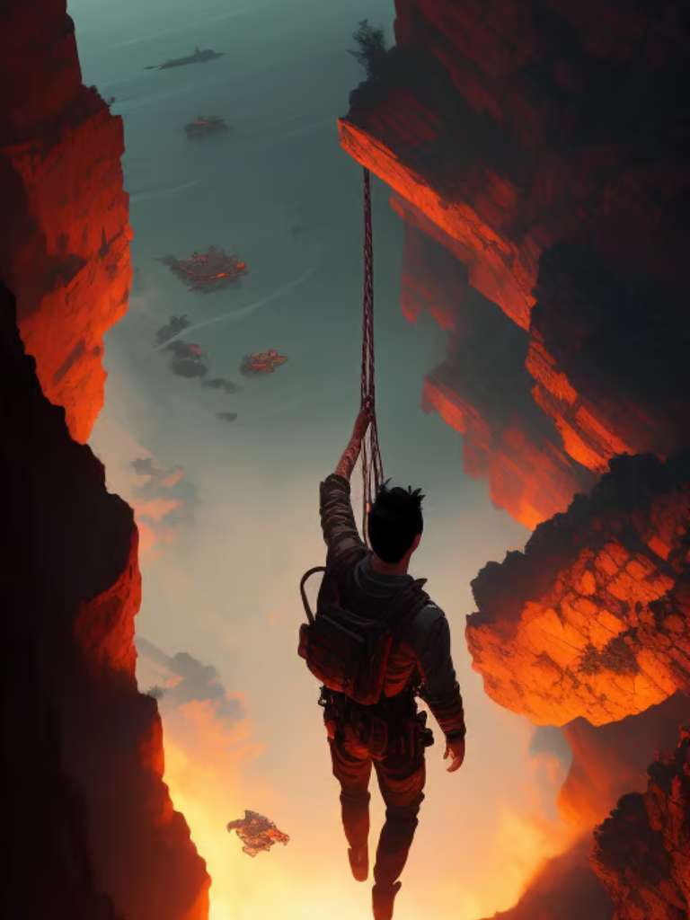 addison: a man hanging on to a cliff, overhead view