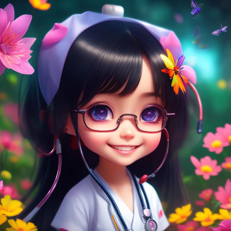 moral-turtle525: Chibi cheerful nurse girl, long black hair wearing ...