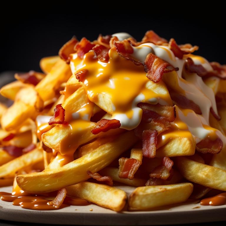 jagged-deer43: Fries topped with cheddar cheese, bacon , diced tomato ...