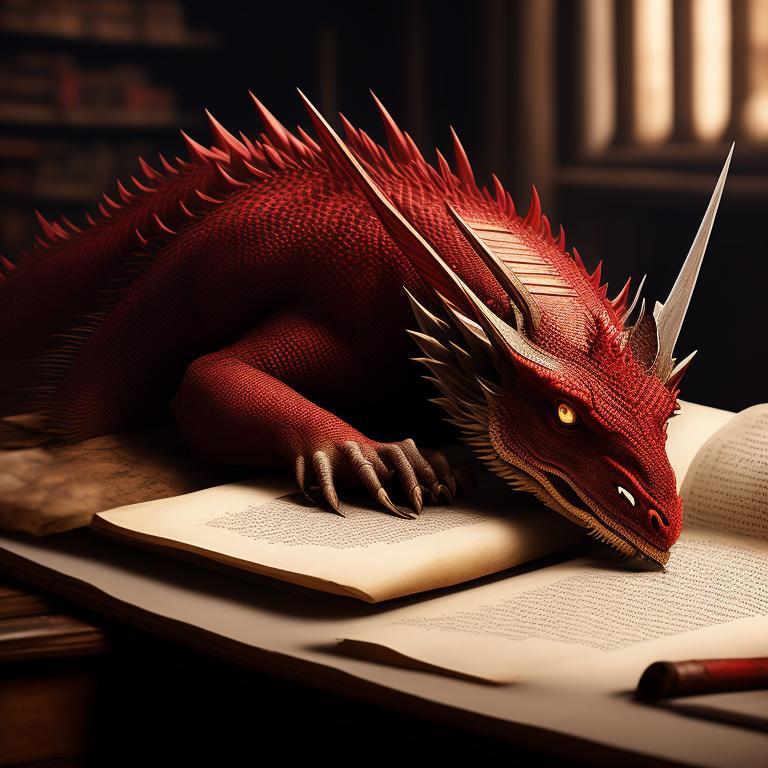 hot-quetzal354: a red dragon laying amid medieval writing implements ...