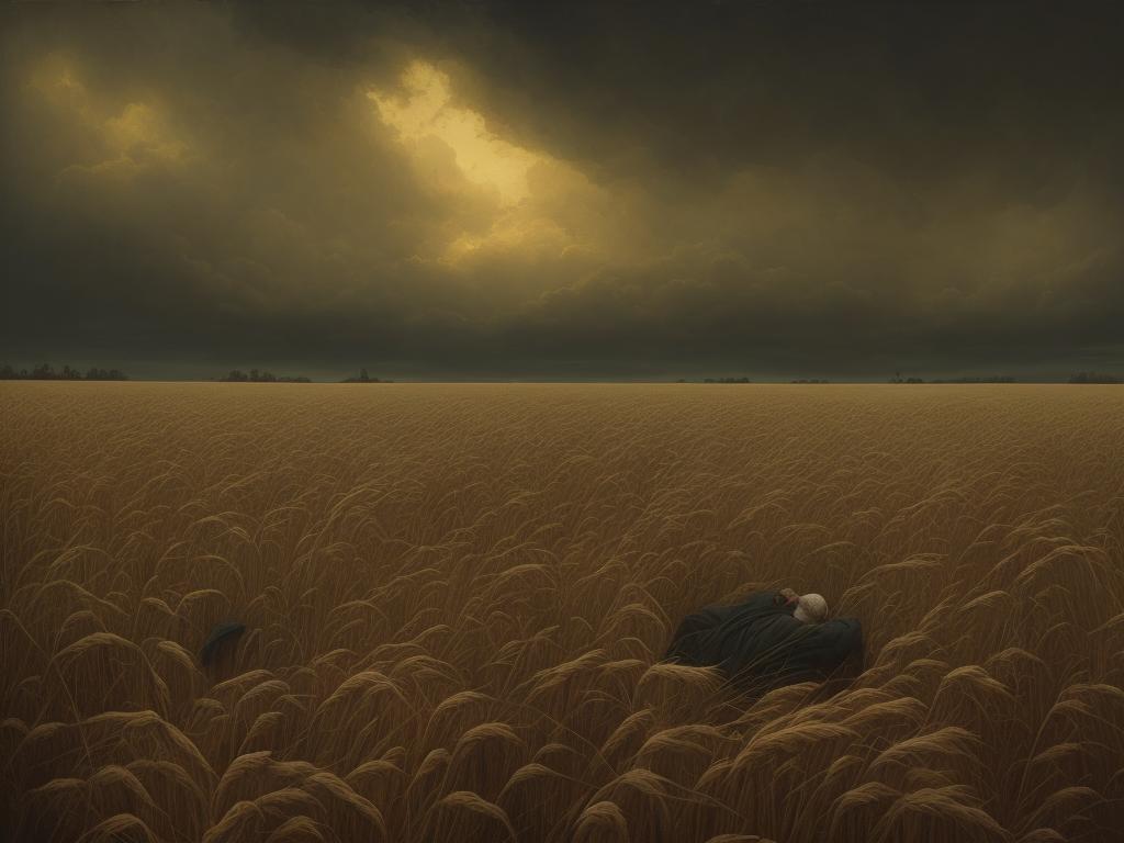 esfinge19: a dead man body lays beside a wheat field. sepia colors. XIX ...