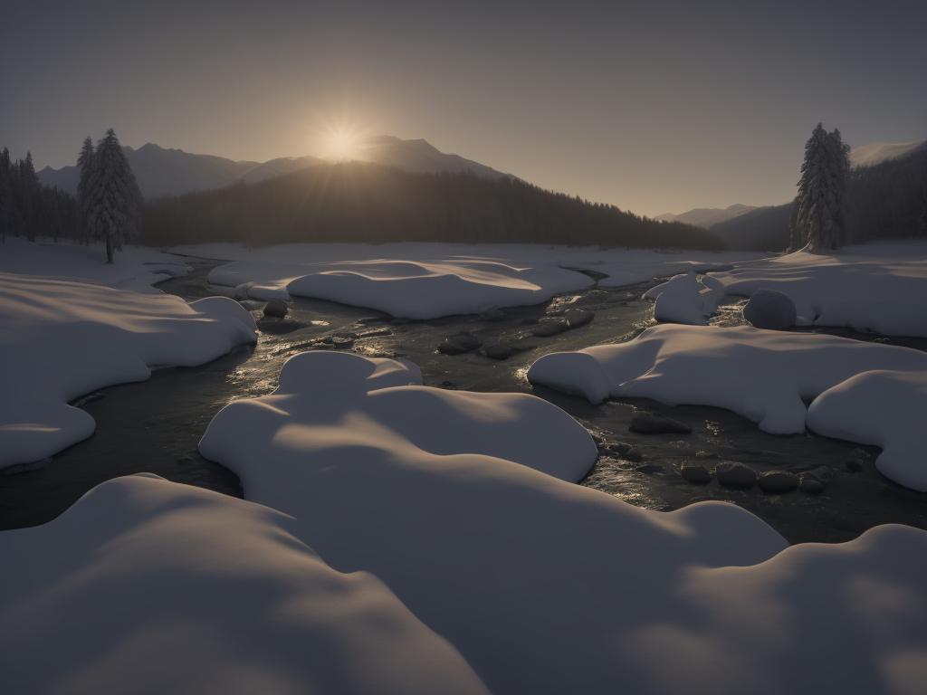 far-cod965: snowy valley with landscape, bright daylight, with a river, viewed from ground level