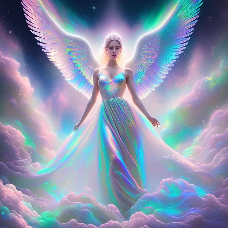 Foul-Rabbit: ((Iridescent angels with magic and lights, pastel hues ...