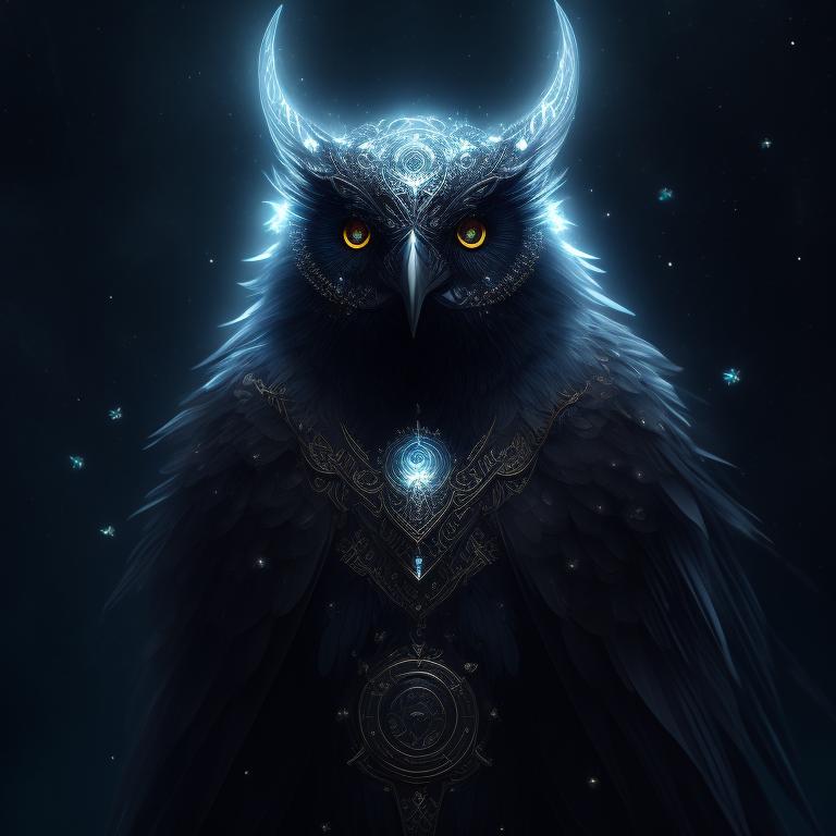 stale-bee748: tall black owlin with silver glowing eyes and star and ...